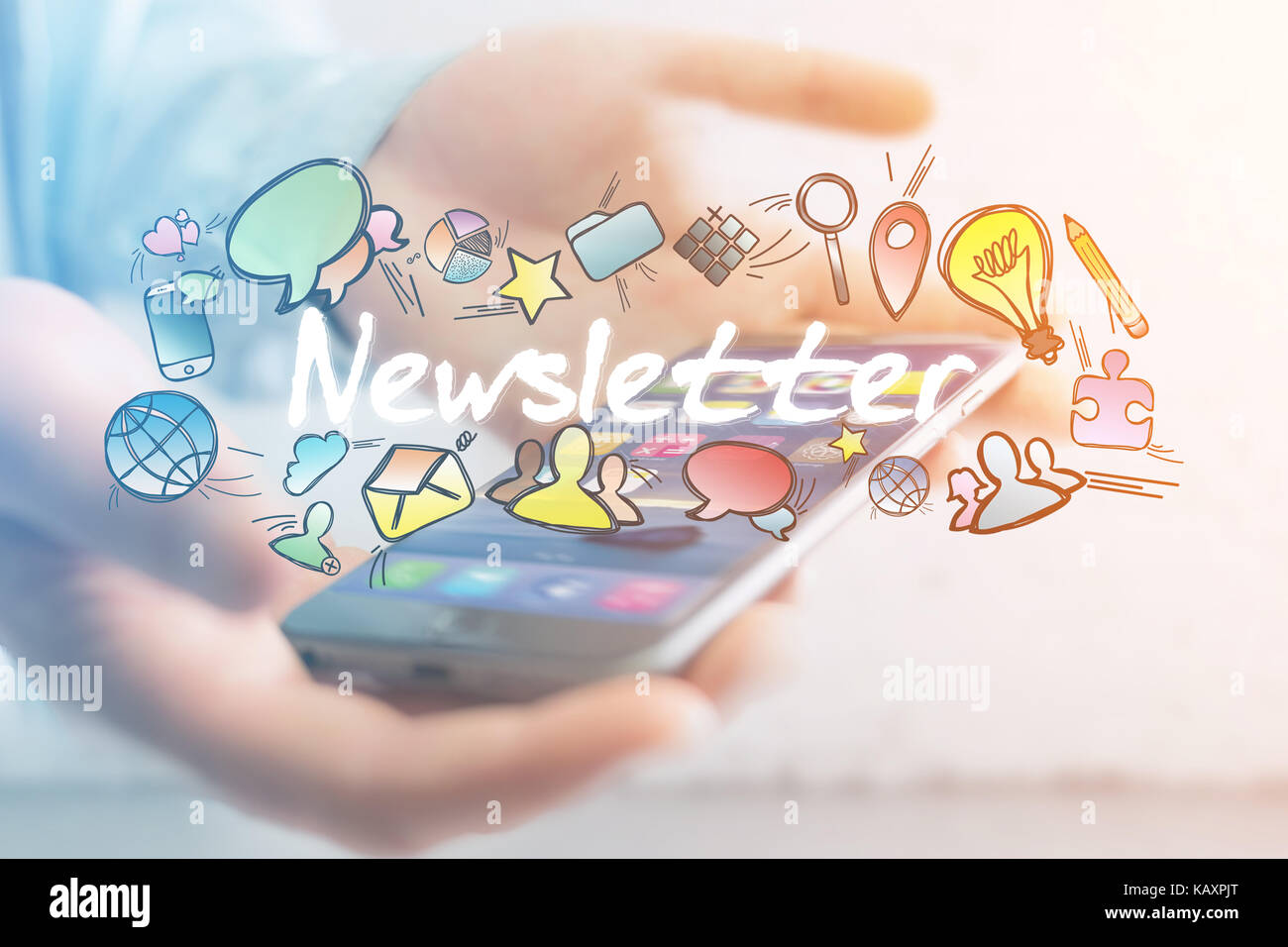 Concept of man holding futuristic interface with newsletter title and ...
