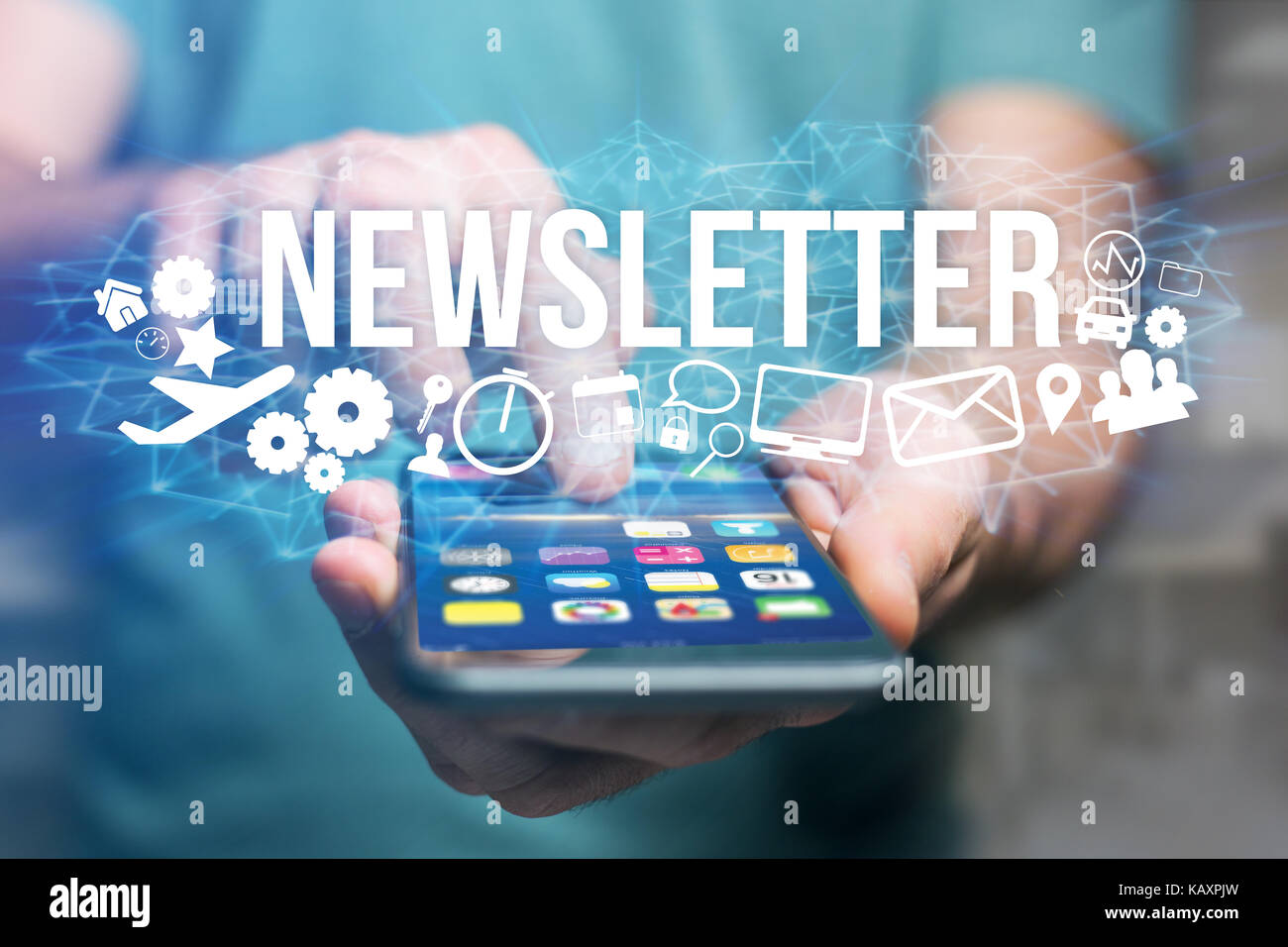 Concept view of man holding futuristic interface with newsletter title ...