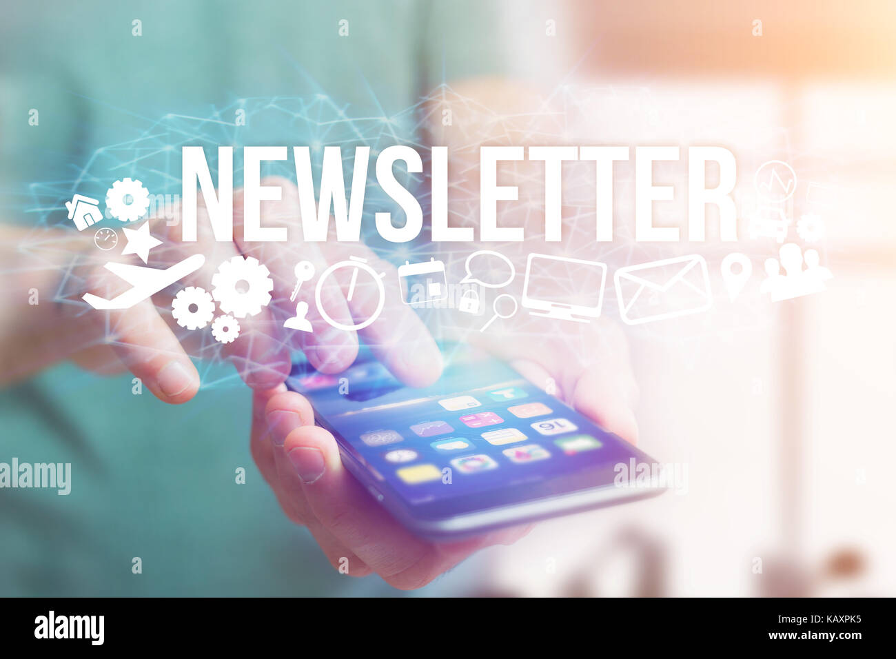 Concept view of man holding futuristic interface with newsletter title ...