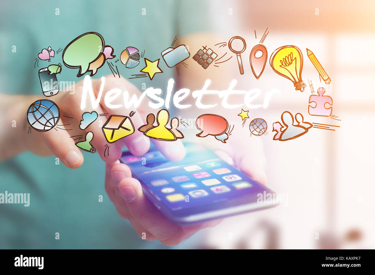 Concept of man holding futuristic interface with newsletter title and ...