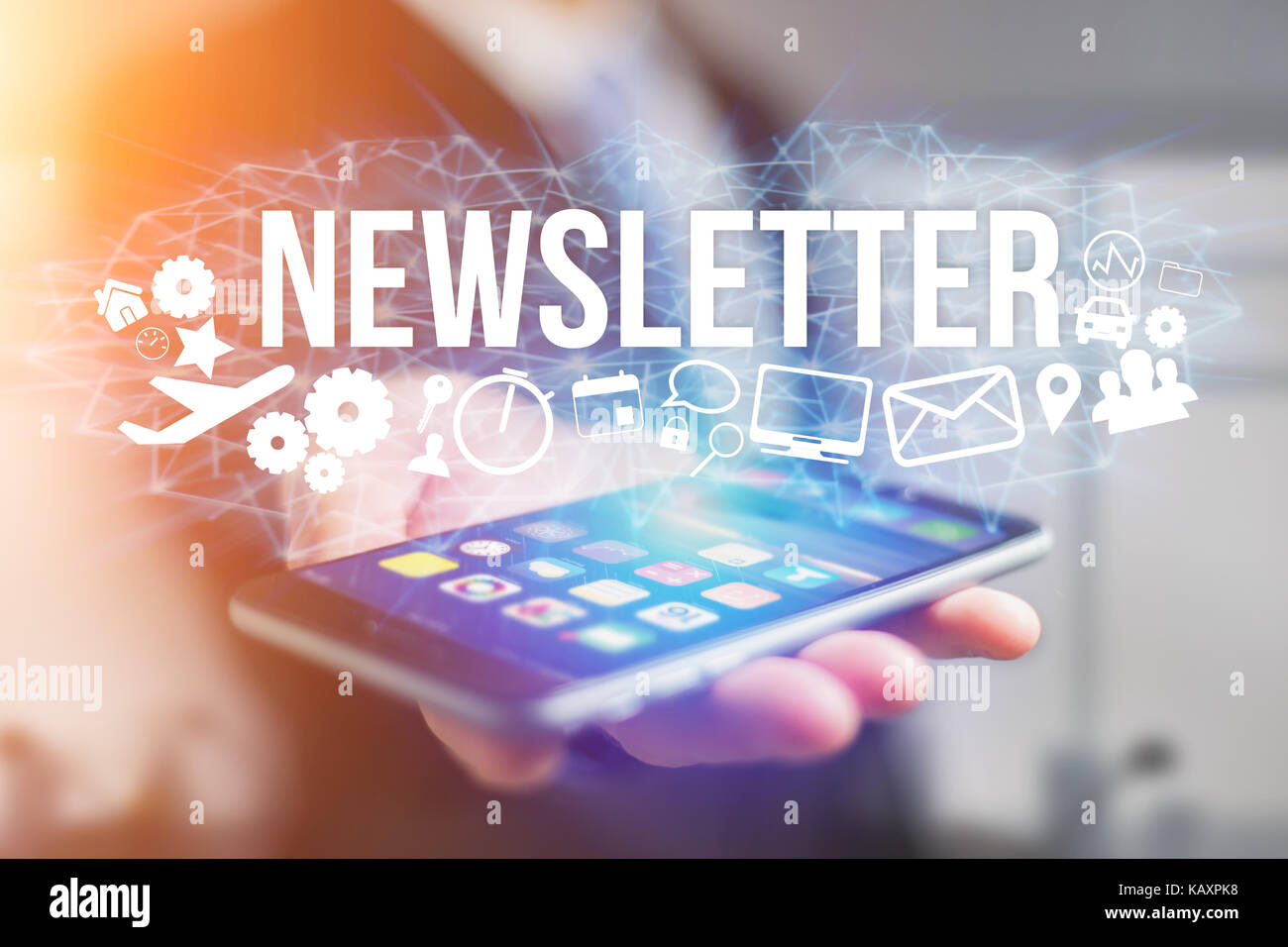 Concept view of man holding futuristic interface with newsletter title ...