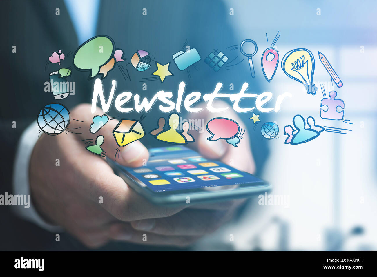 Concept of man holding futuristic interface with newsletter title and ...