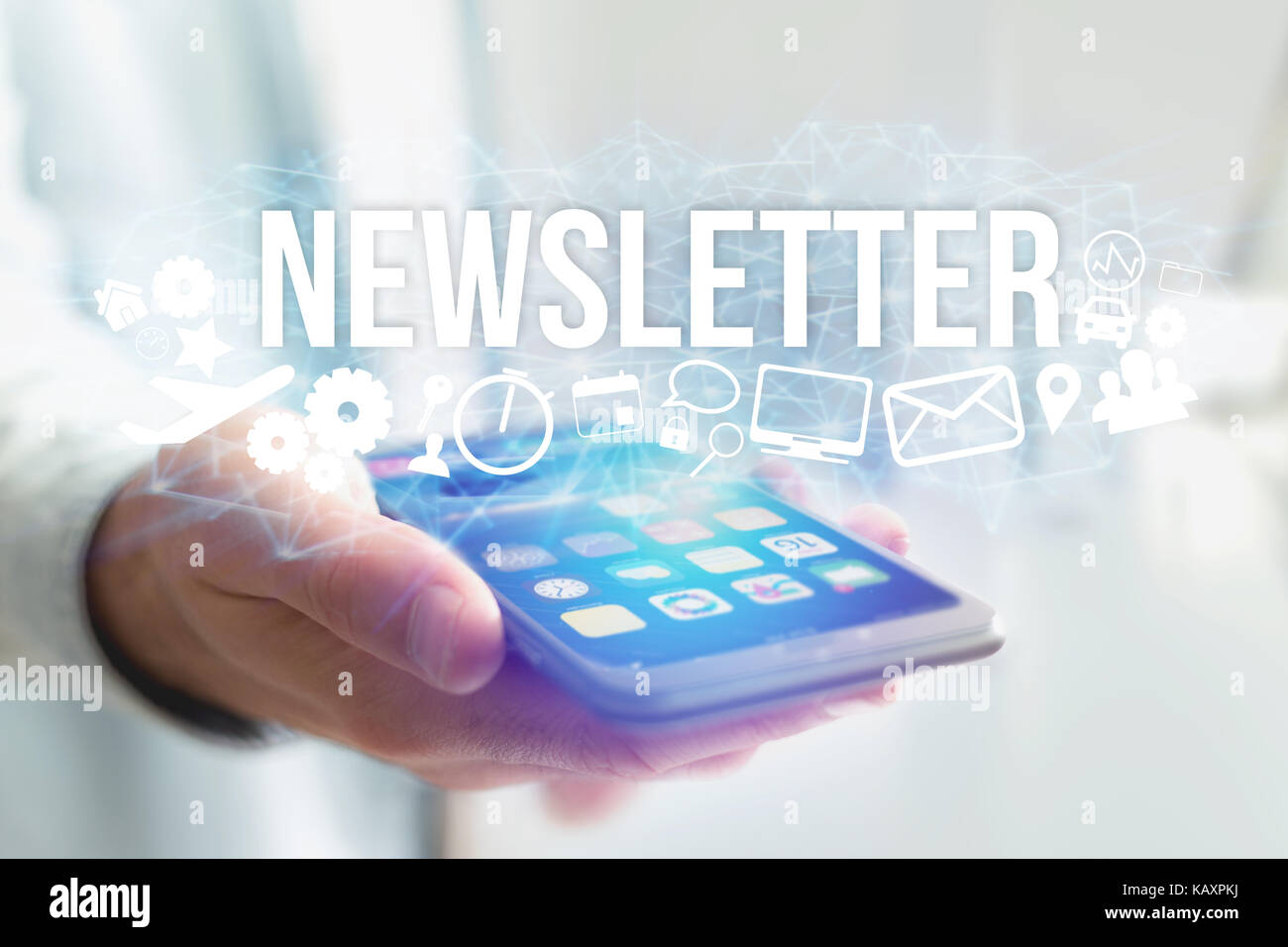 Concept view of man holding futuristic interface with newsletter title ...