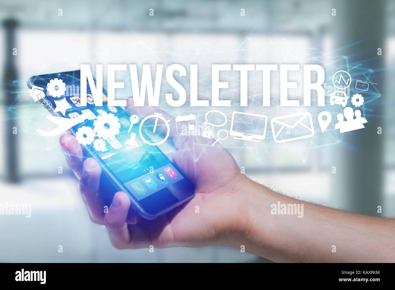 Concept view of man holding futuristic interface with newsletter title ...
