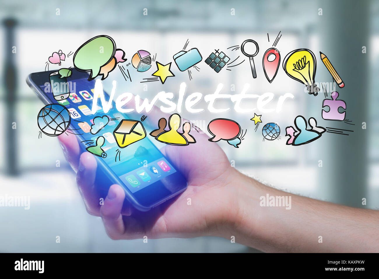 Concept of man holding futuristic interface with newsletter title and ...