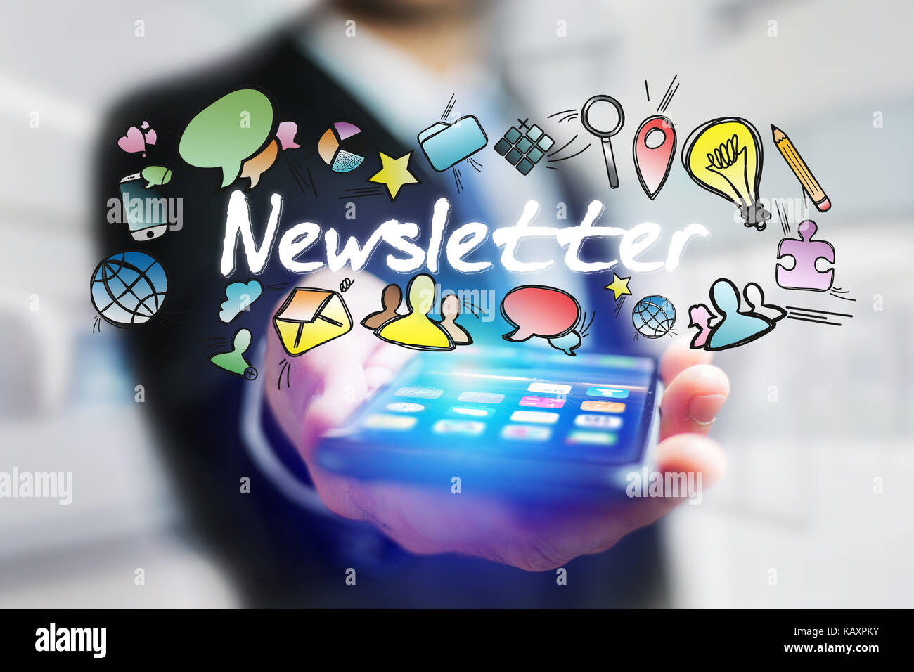 Concept of man holding futuristic interface with newsletter title and ...