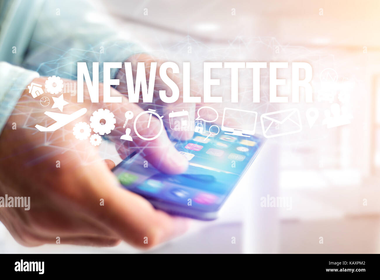 Concept view of man holding futuristic interface with newsletter title ...
