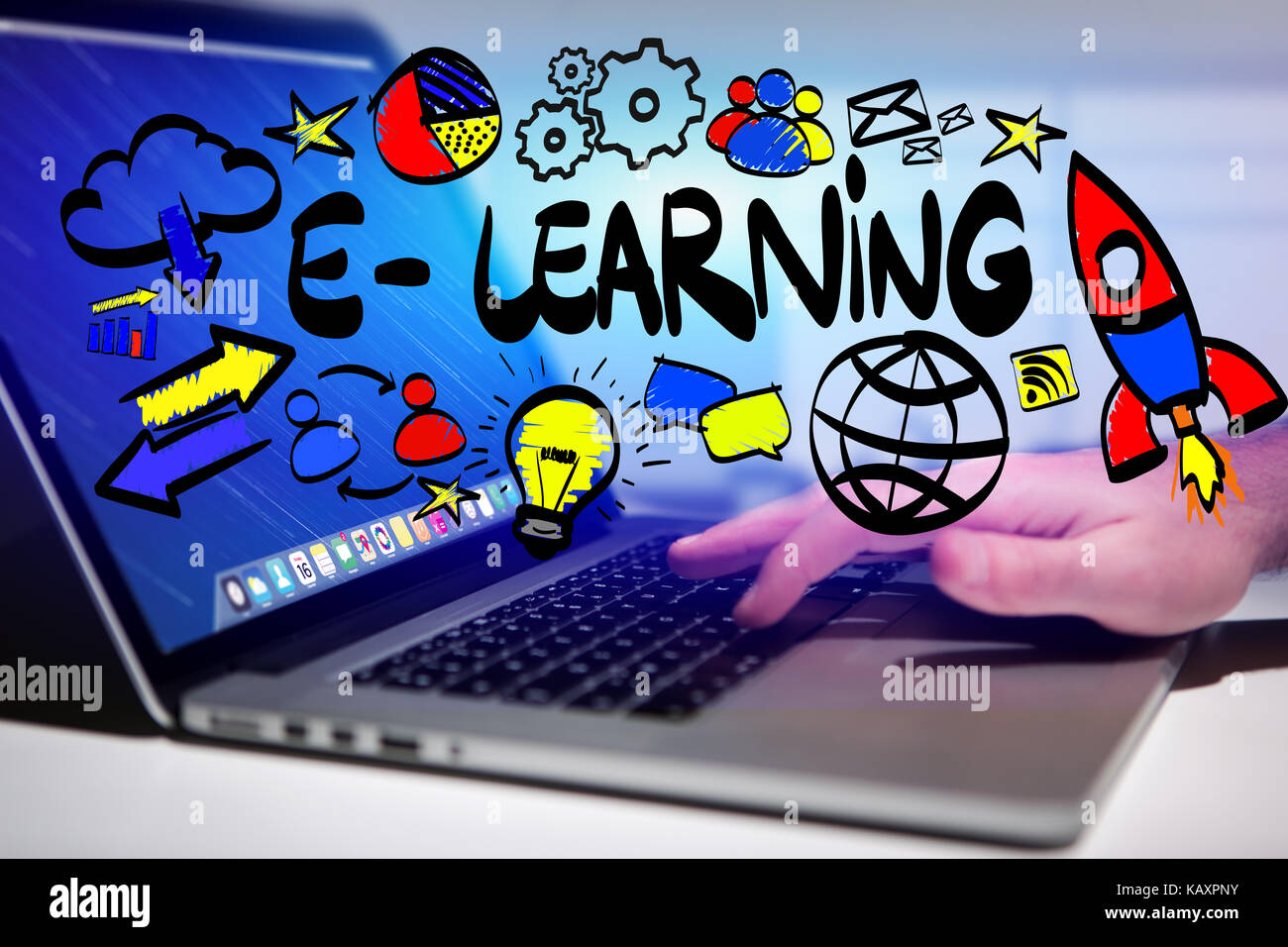 Concept view of man holding interactive interface with e-learning title ...