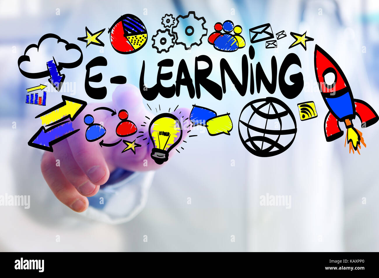 Concept view of man holding interactive interface with e-learning title ...