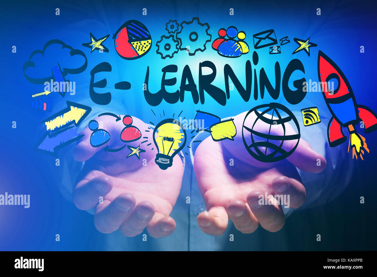 Concept view of man holding interactive interface with e-learning title ...