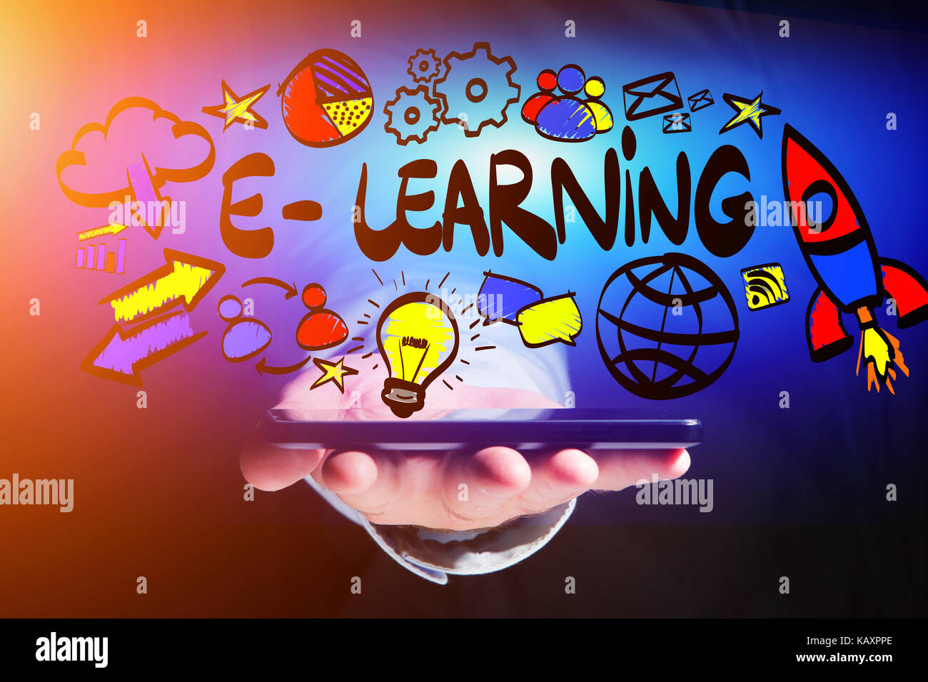 Concept view of man holding interactive interface with e-learning title ...