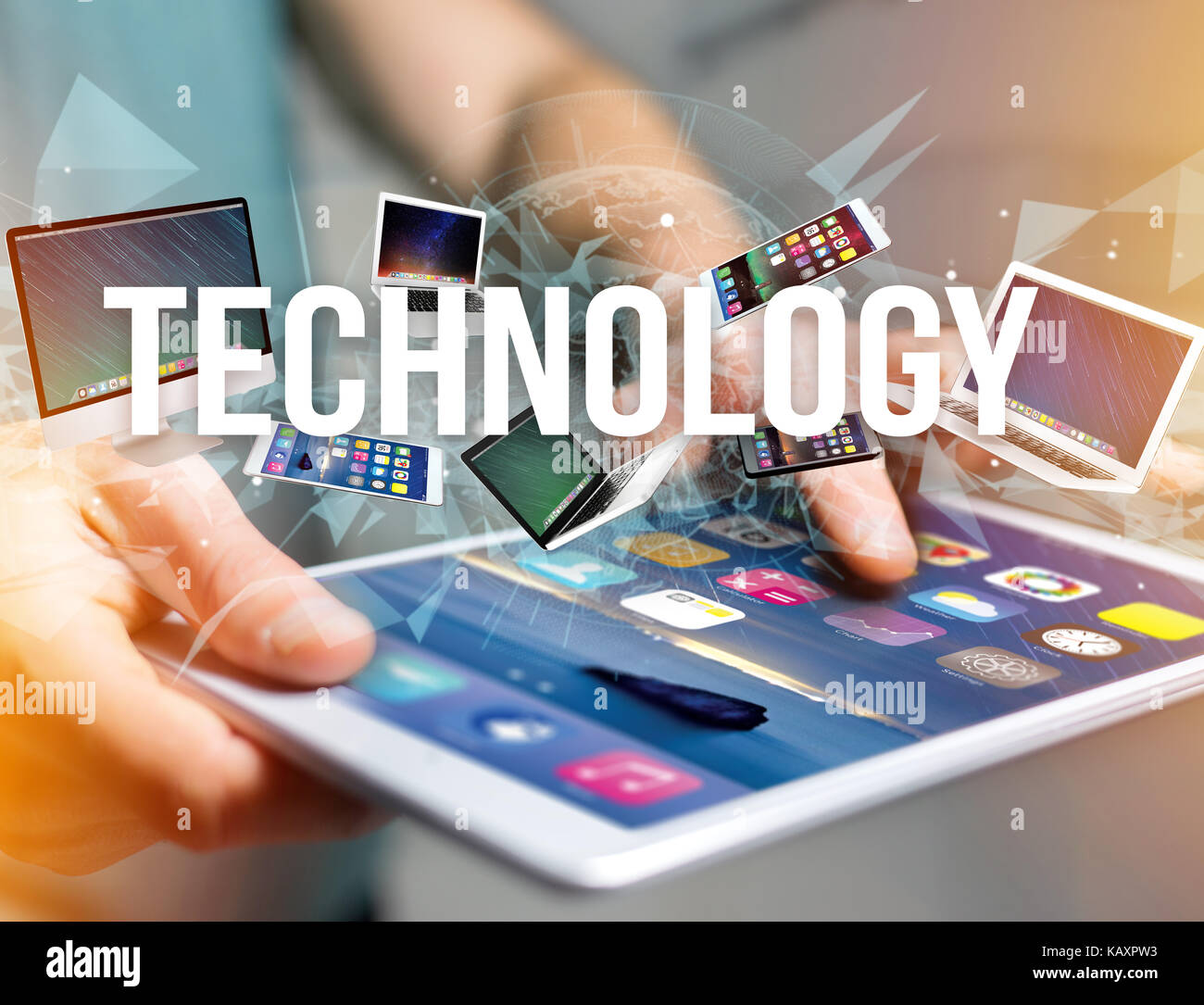 View of a Technology title surounded by device like smartphone, tablet ...
