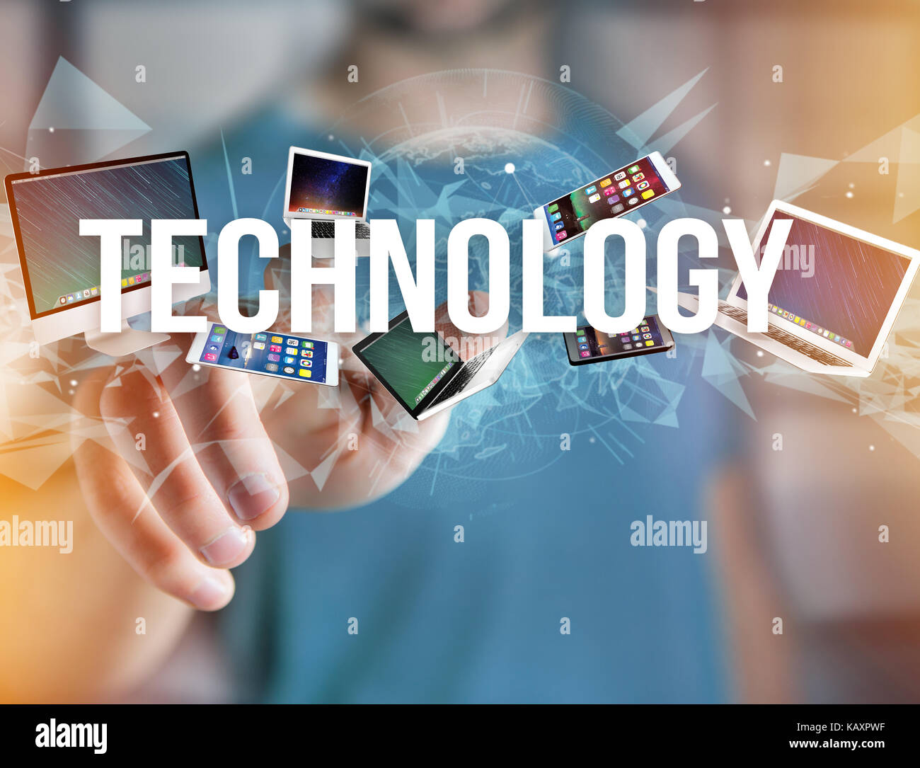 View of a Technology title surounded by device like smartphone, tablet ...