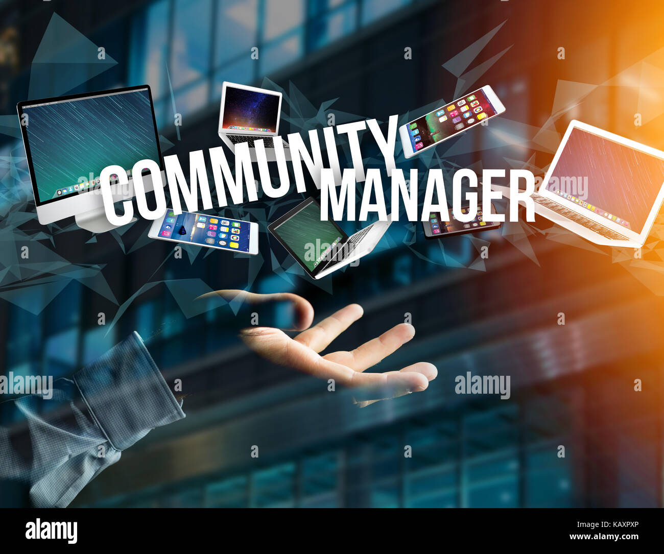 View of a Community manager title surounded by device like smartphone ...