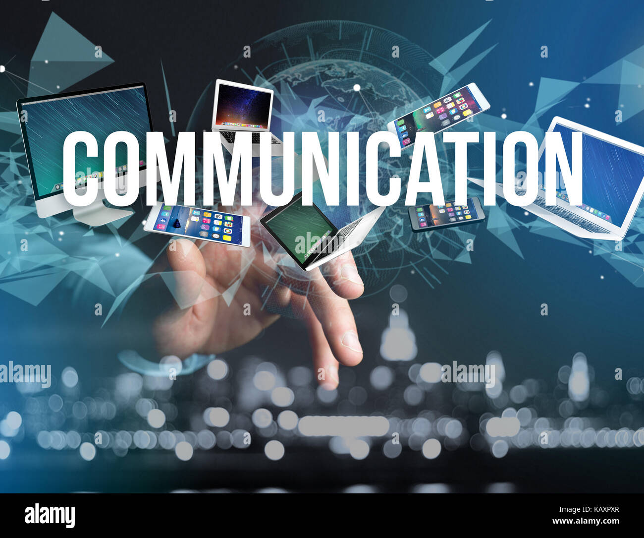 View of a Communication title surounded by device like smartphone ...