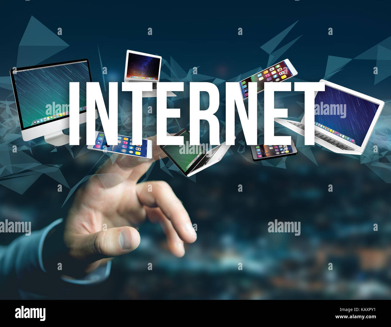 View of a Internet title surounded by device like smartphone, tablet or ...