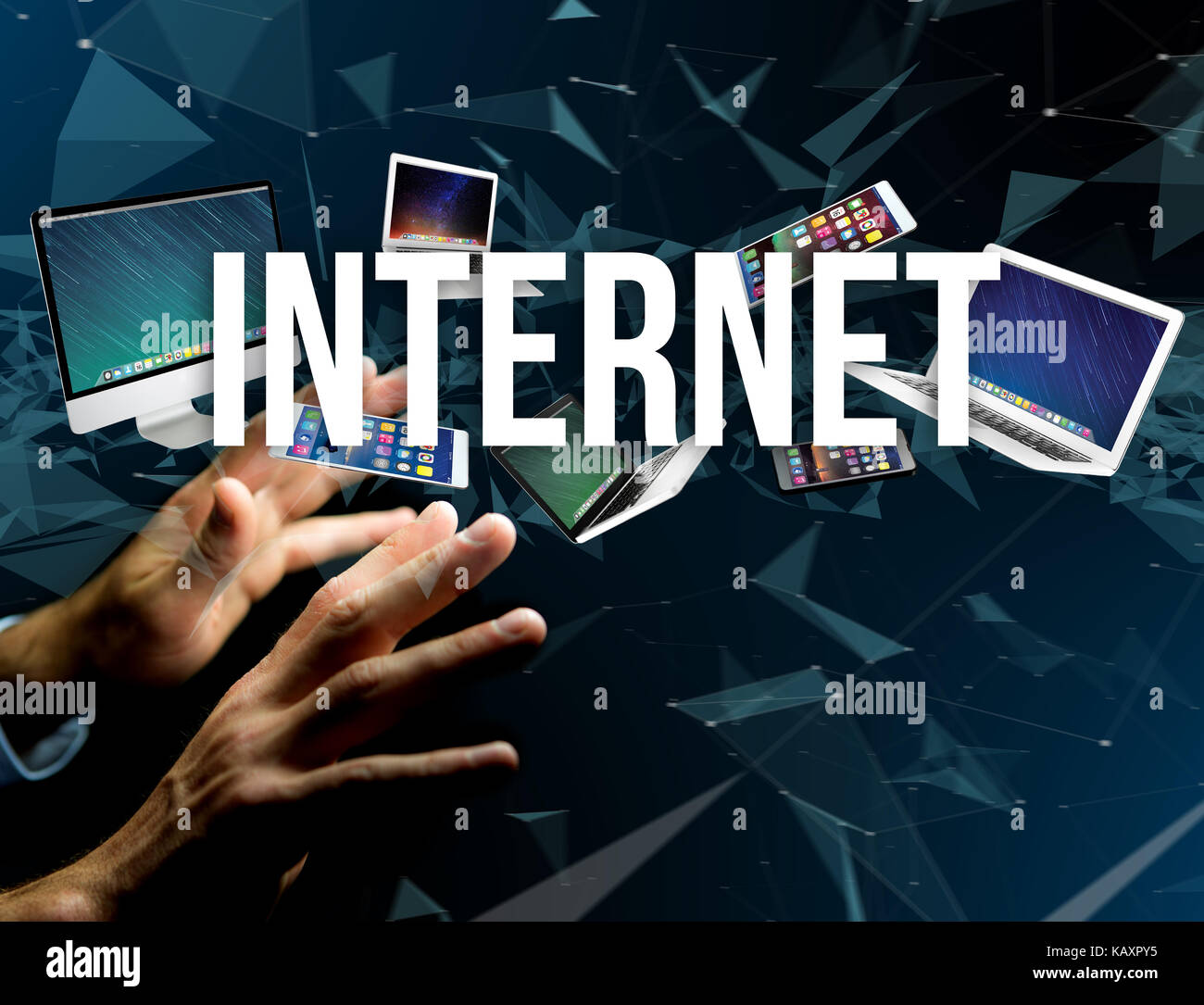 View of a Internet title surounded by device like smartphone, tablet or ...