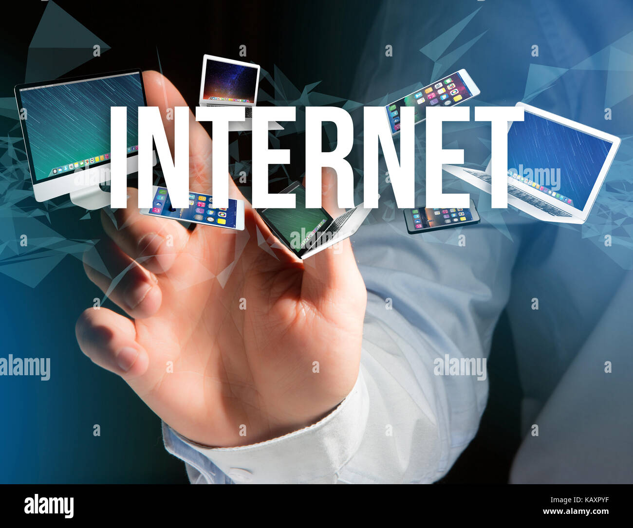 View of a Internet title surounded by device like smartphone, tablet or ...