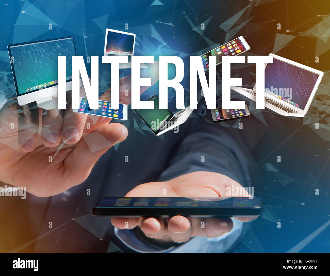 View of a Internet title surounded by device like smartphone, tablet or ...