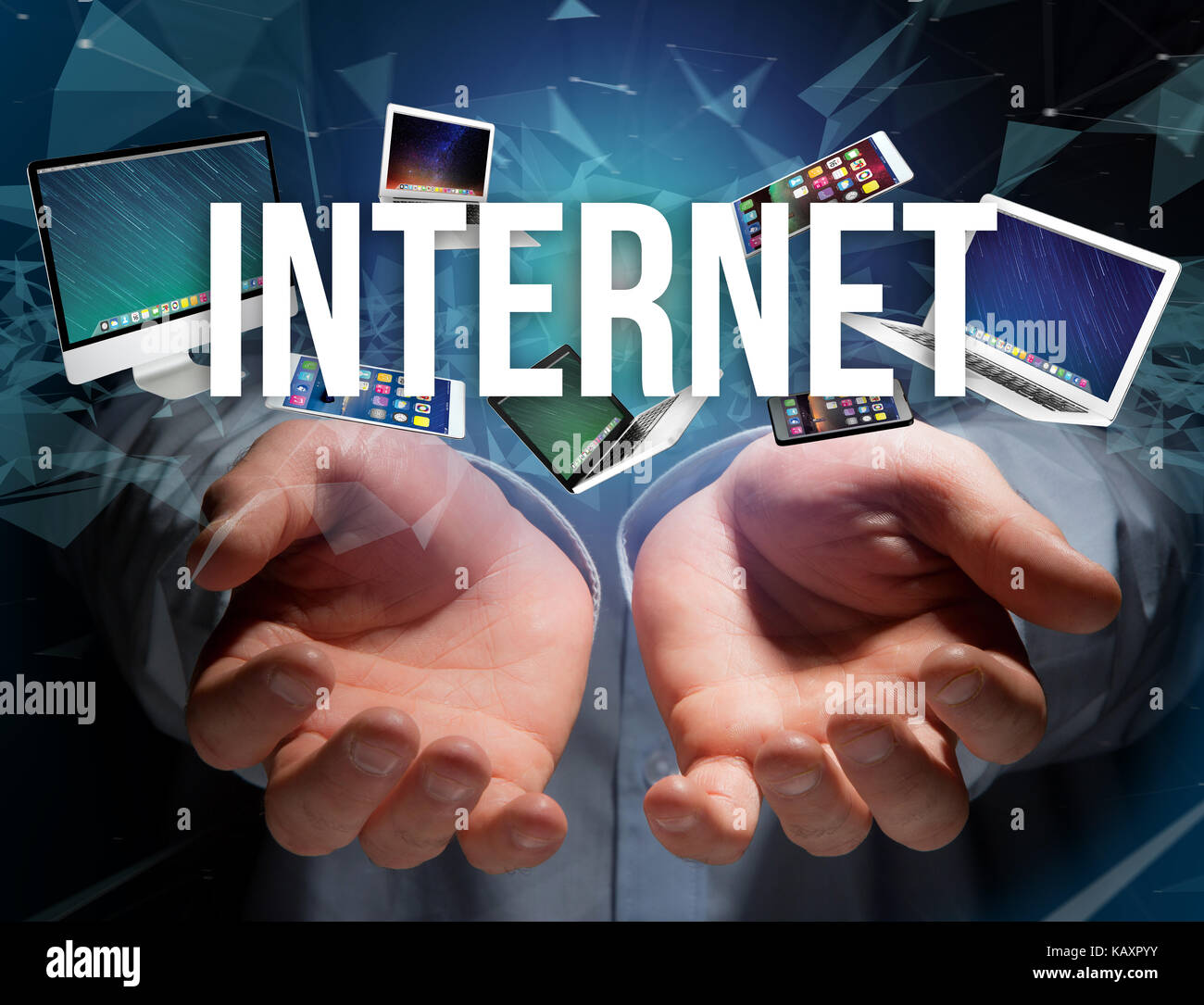 View of a Internet title surounded by device like smartphone, tablet or ...