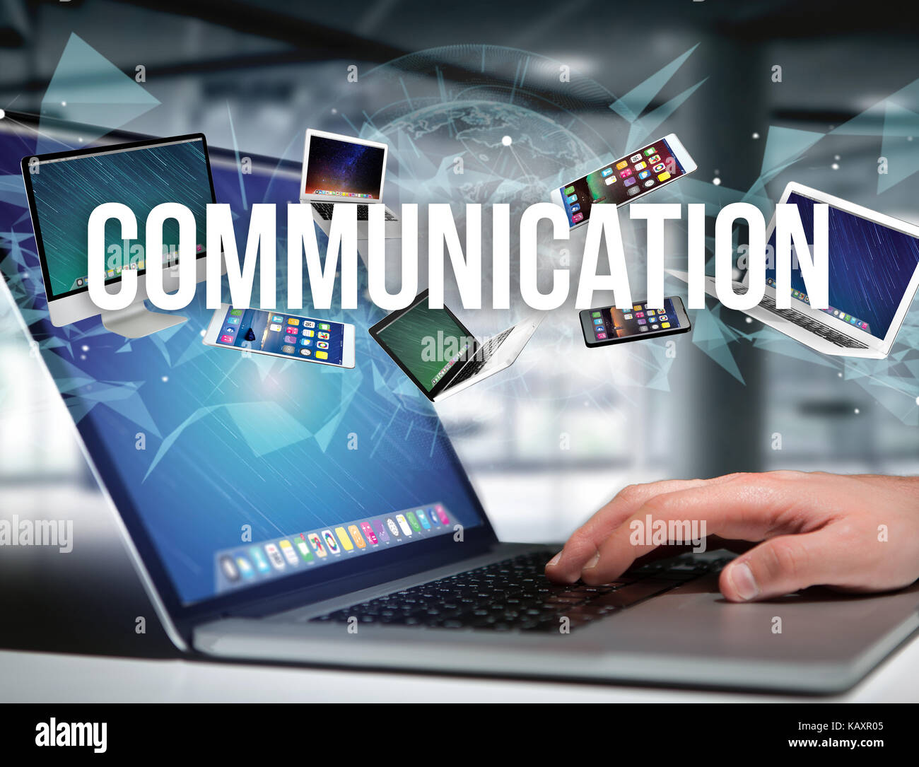 View of a Communication title surounded by device like smartphone ...