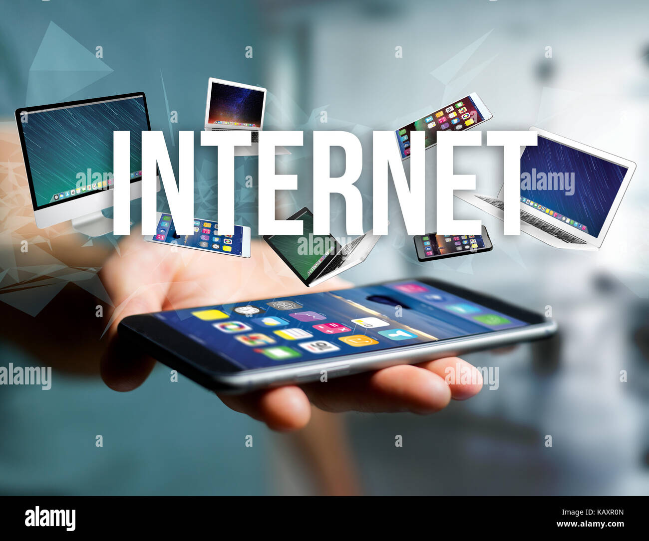 View of a Internet title surounded by device like smartphone, tablet or ...