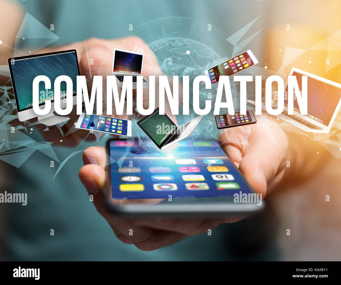 View of a Communication title surounded by device like smartphone ...