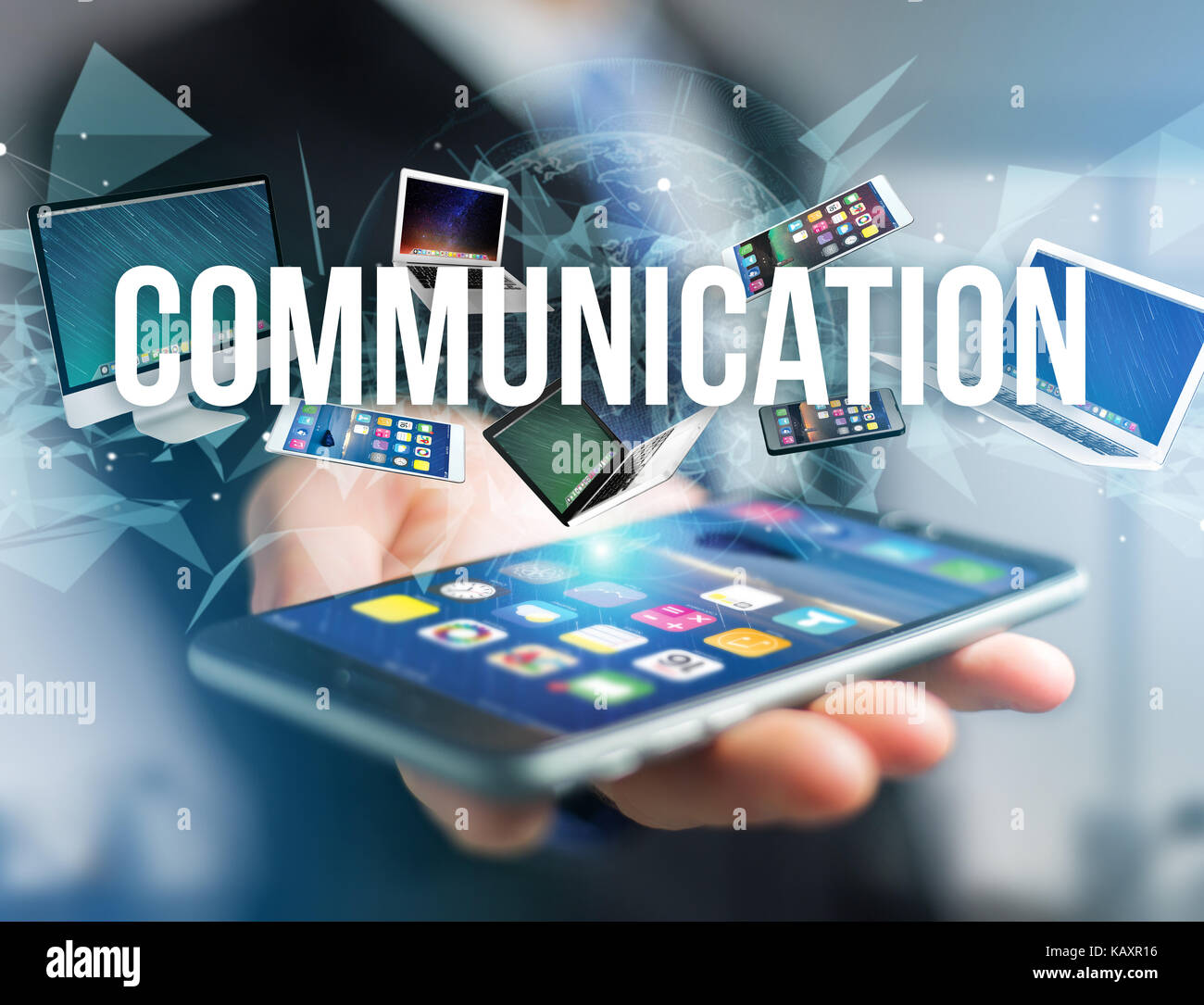View of a Communication title surounded by device like smartphone ...