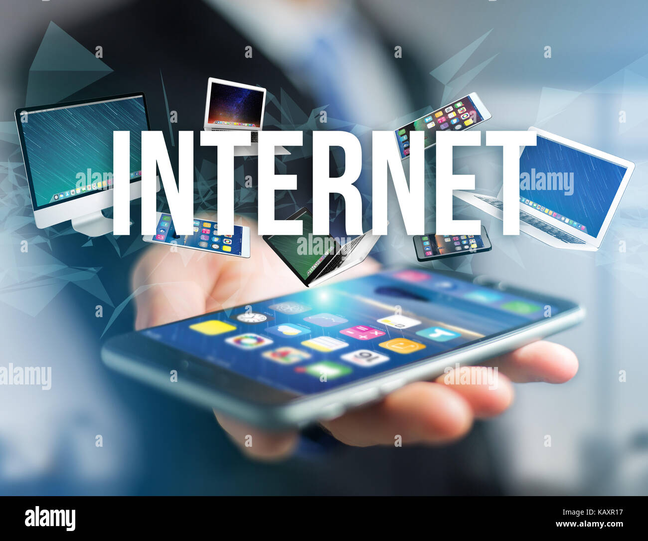 View of a Internet title surounded by device like smartphone, tablet or ...