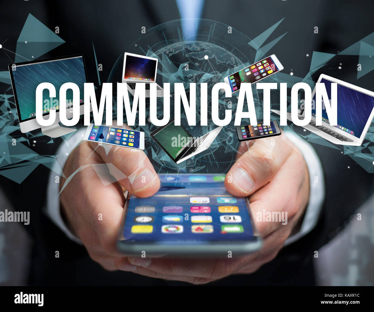 View of a Communication title surounded by device like smartphone ...