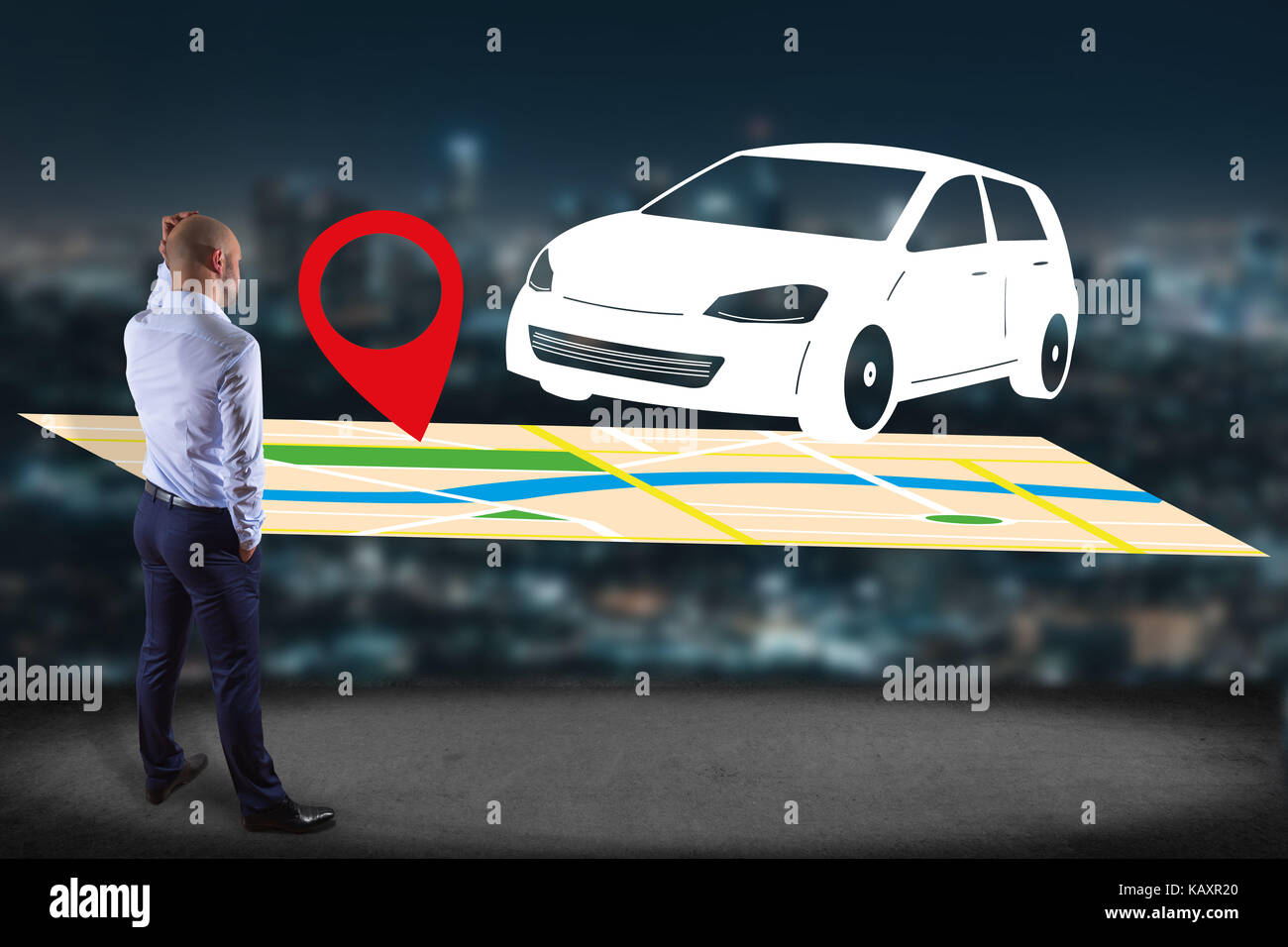 View of a Businessman in front of a wall with a Car on a map with a pin ...