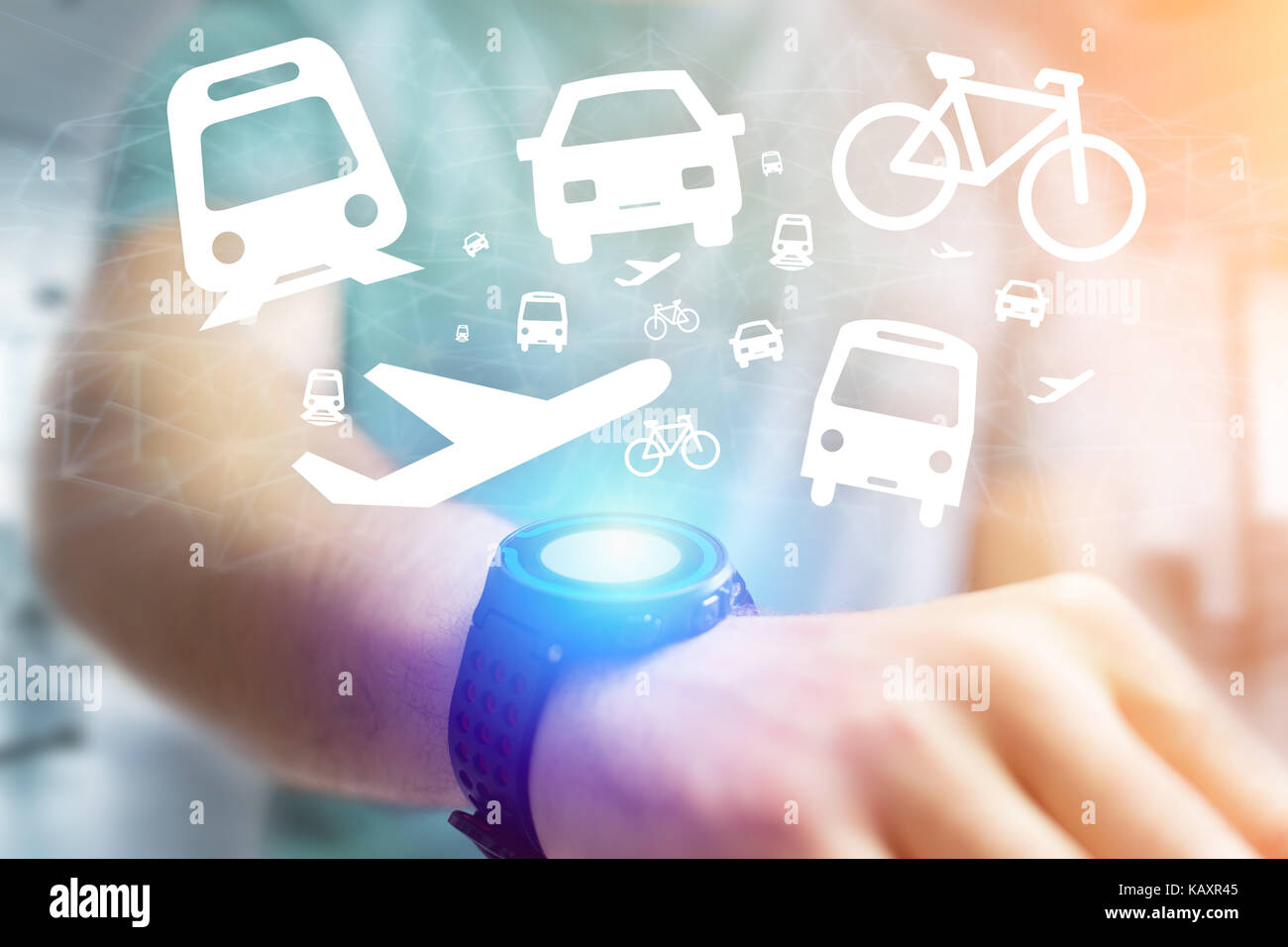 Concept view of checking different way to go on holidays on a device ...