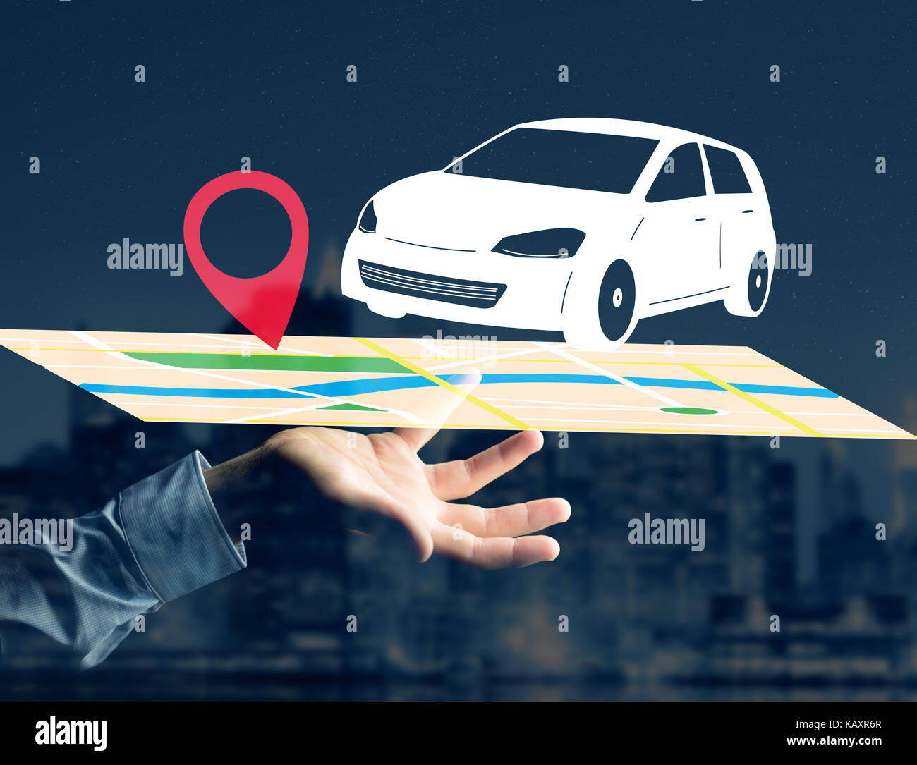 View of a Car on a map with a pin holder - GPS and localization concept ...
