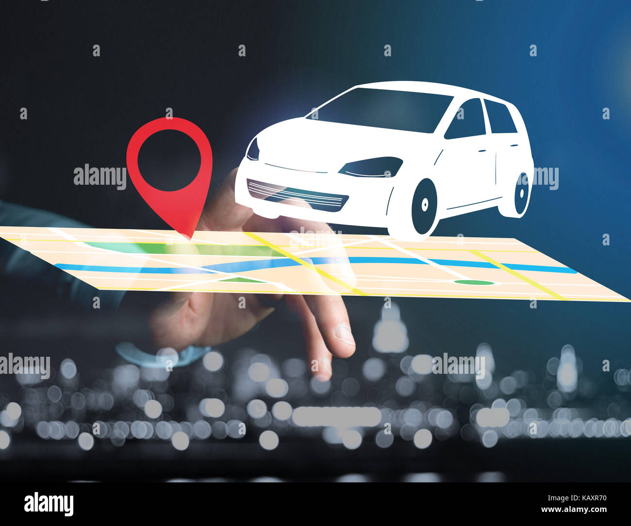 View of a Car on a map with a pin holder - GPS and localization concept ...