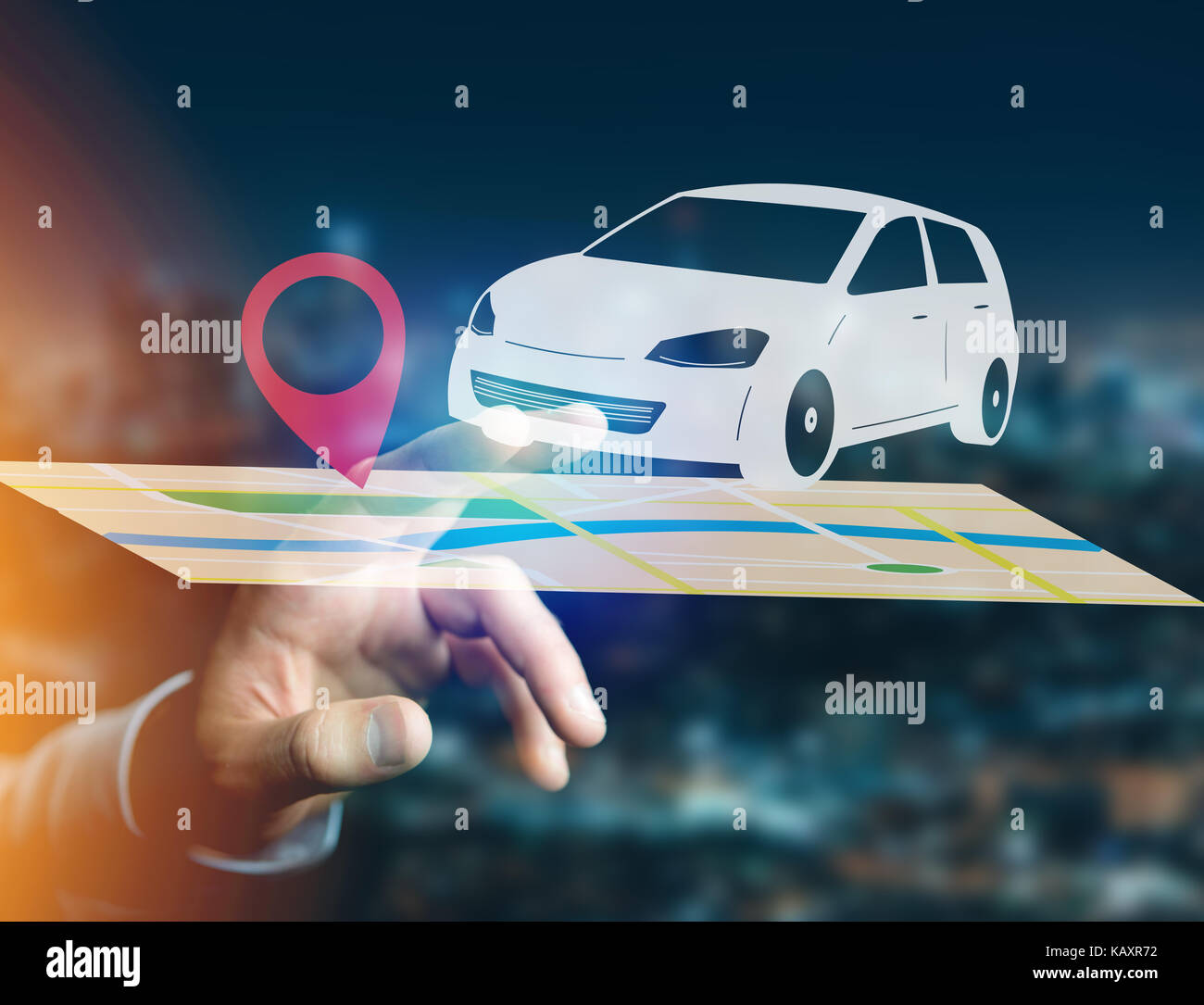 View of a Car on a map with a pin holder - GPS and localization concept ...