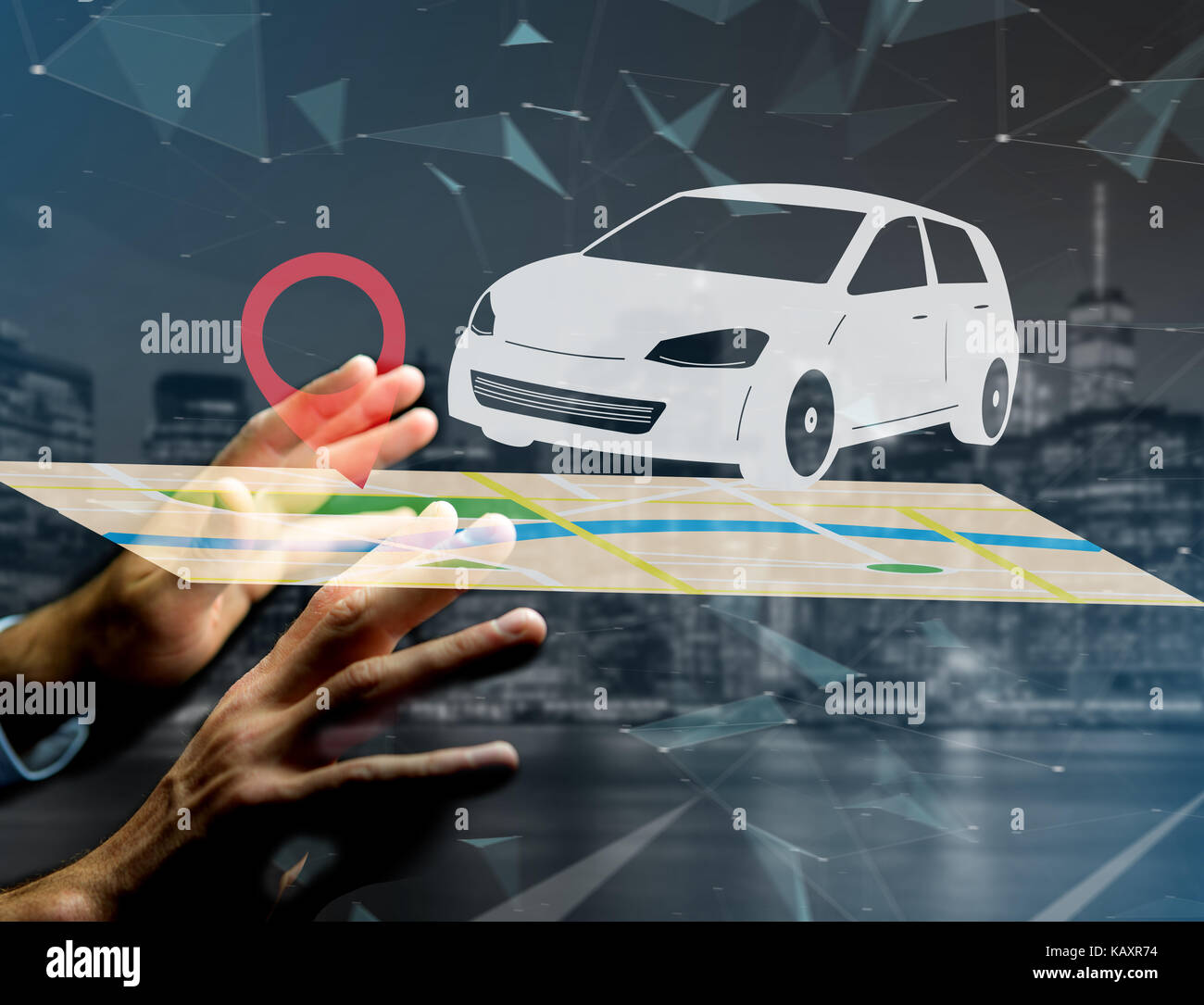 View of a Car on a map with a pin holder - GPS and localization concept ...