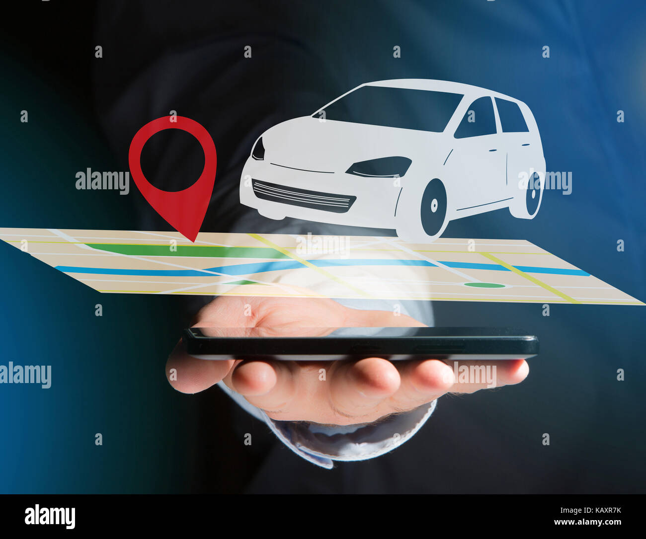 View of a Car on a map with a pin holder - GPS and localization concept ...