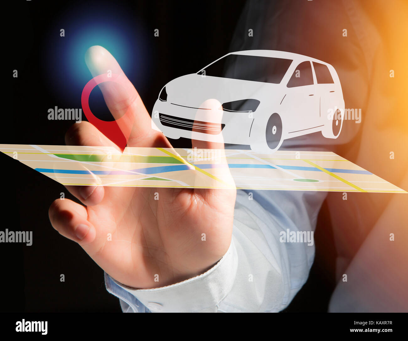 View of a Car on a map with a pin holder - GPS and localization concept ...