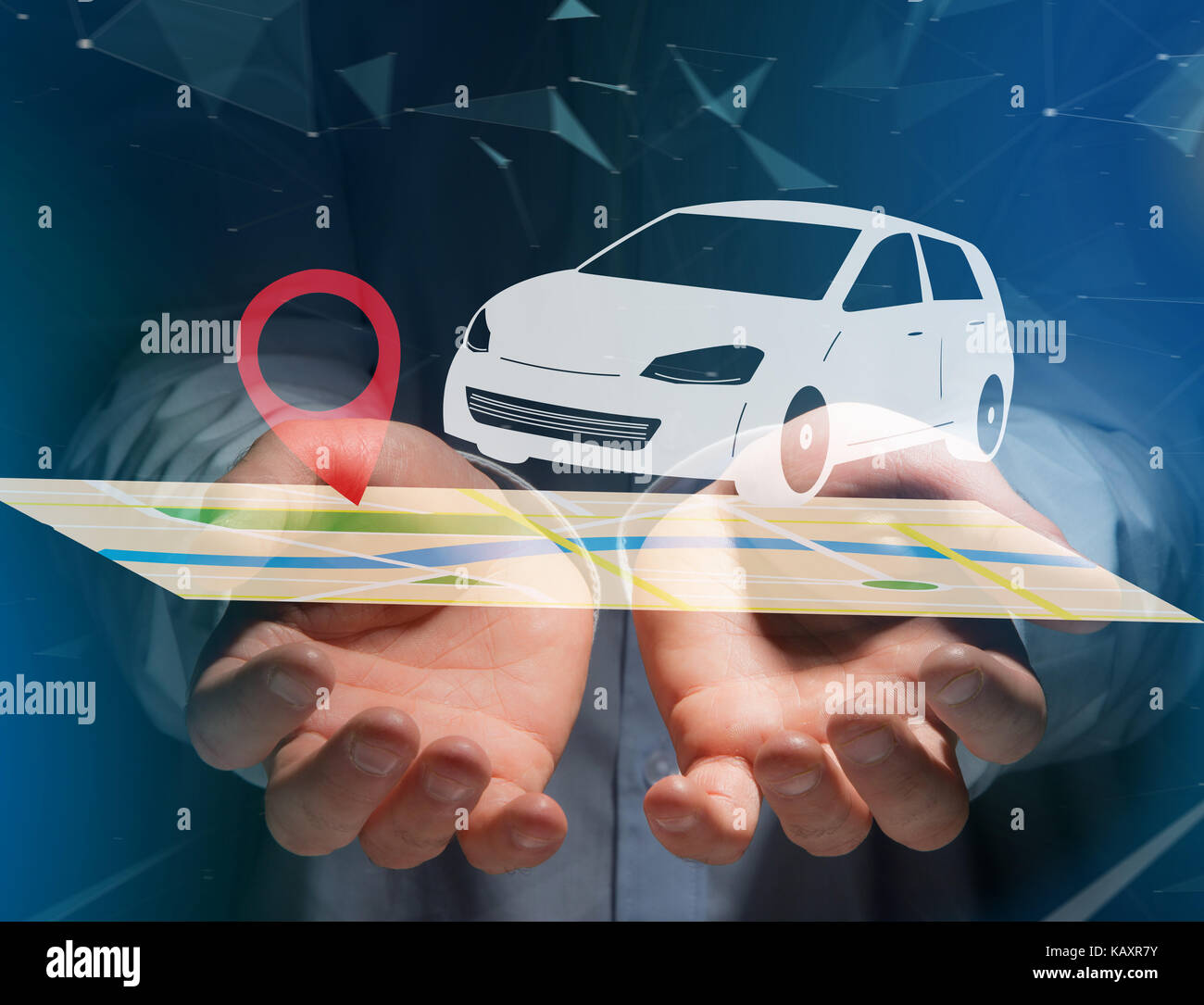 View of a Car on a map with a pin holder - GPS and localization concept ...
