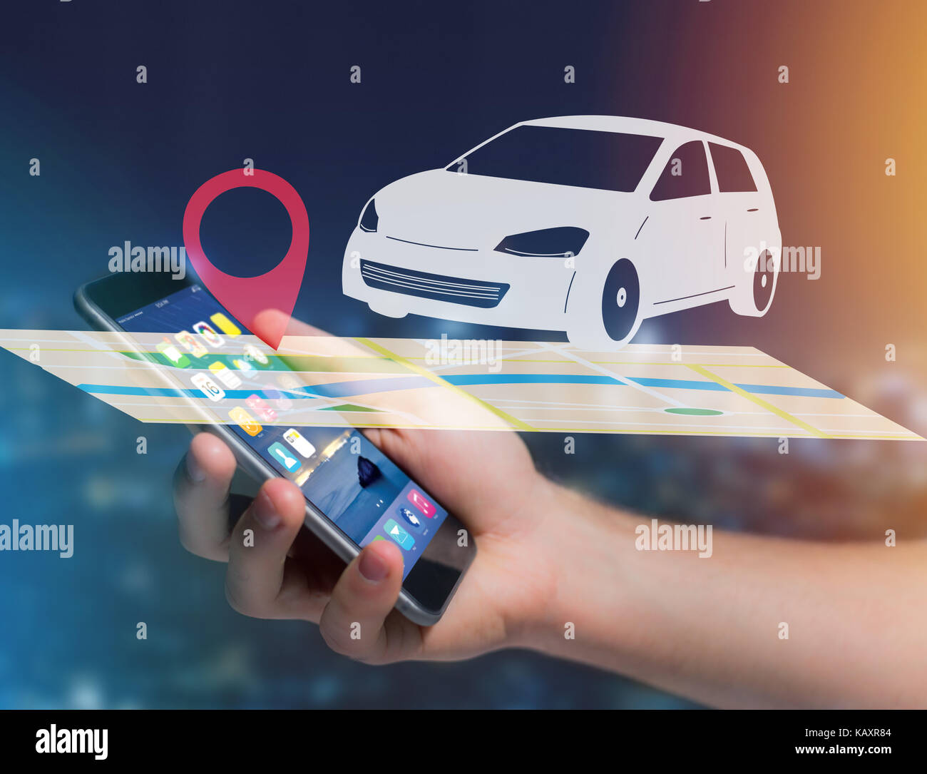View of a Car on a map with a pin holder - GPS and localization concept ...