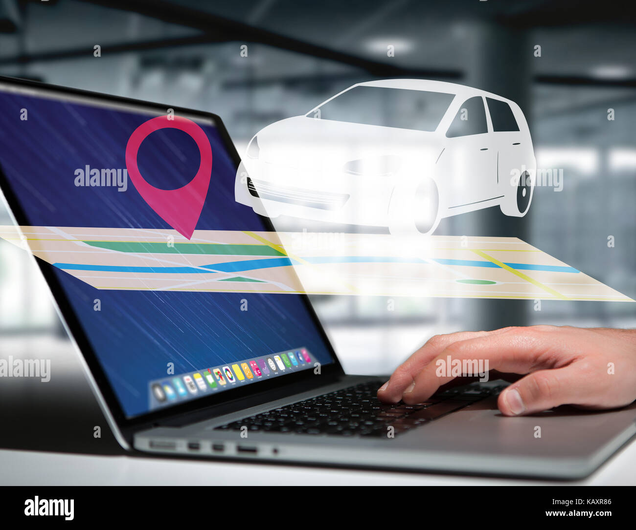 View of a Car on a map with a pin holder - GPS and localization concept ...