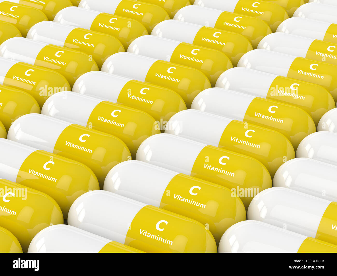 3d render of vitamin C pills in row. Concept of dietary supplements ...