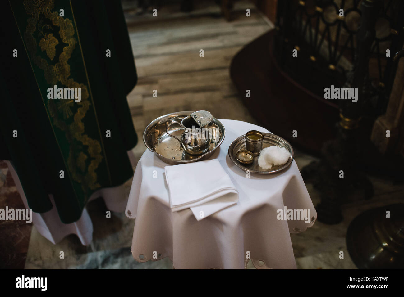 Close up on baptism equipment on christian church, high iso Stock Photo ...