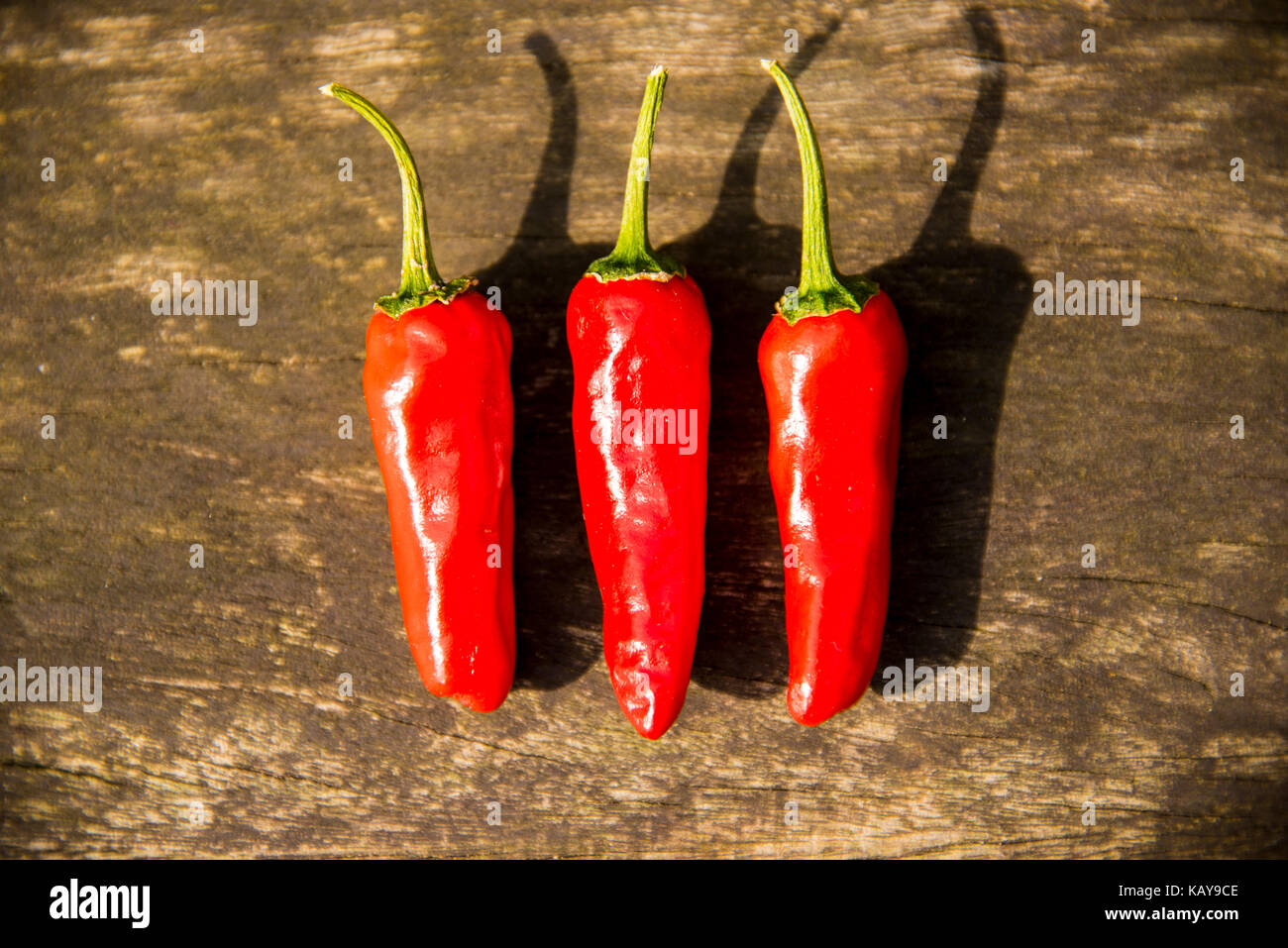 Three Red Chilli Peppers on a Wooden Background Stock Photo - Alamy