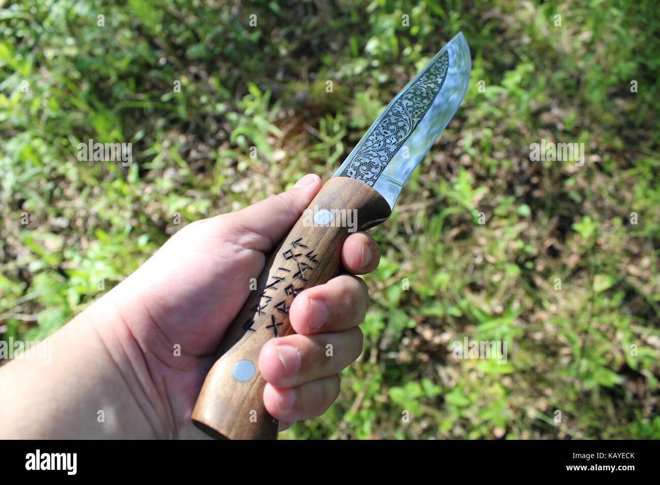 A beautiful knife with a wooden handle in the human hand. Its blade is ...