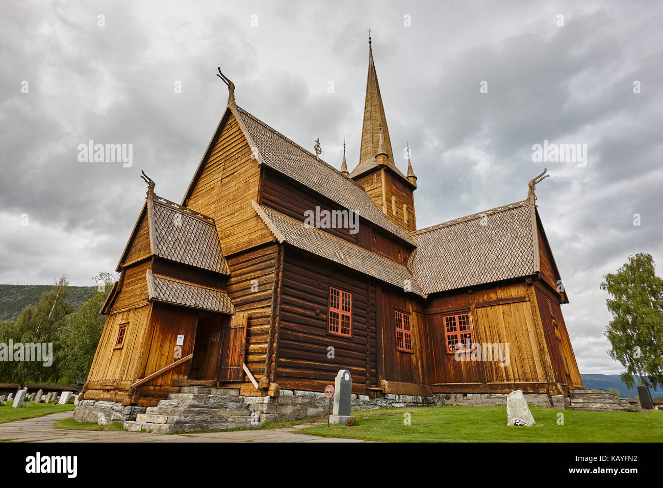 Lom medieval stave church Viking symbol. Norwegian heritage. Horizontal ...