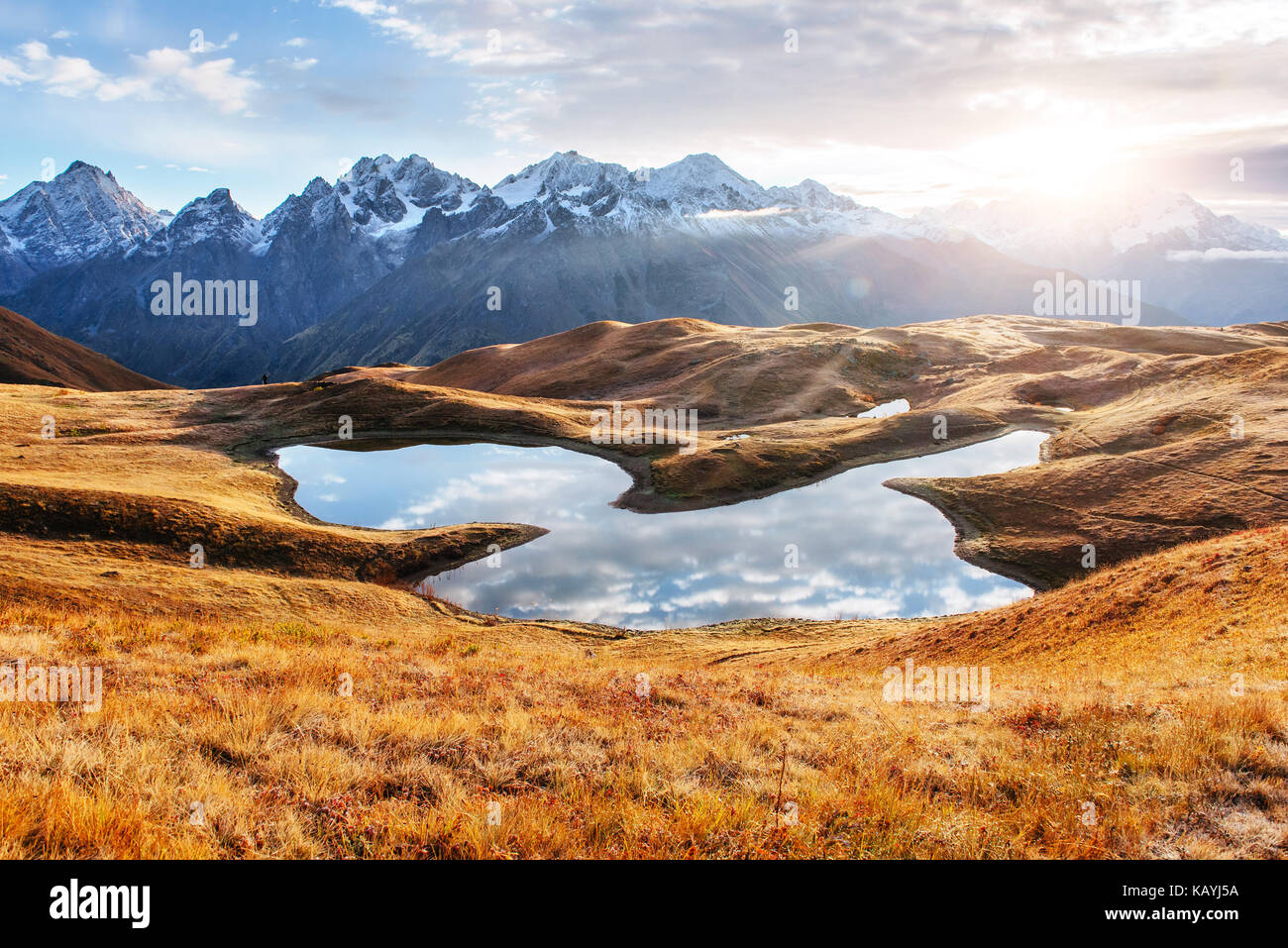 Sunset on mountain lake Koruldi. Upper Svaneti, Georgia, Europe ...