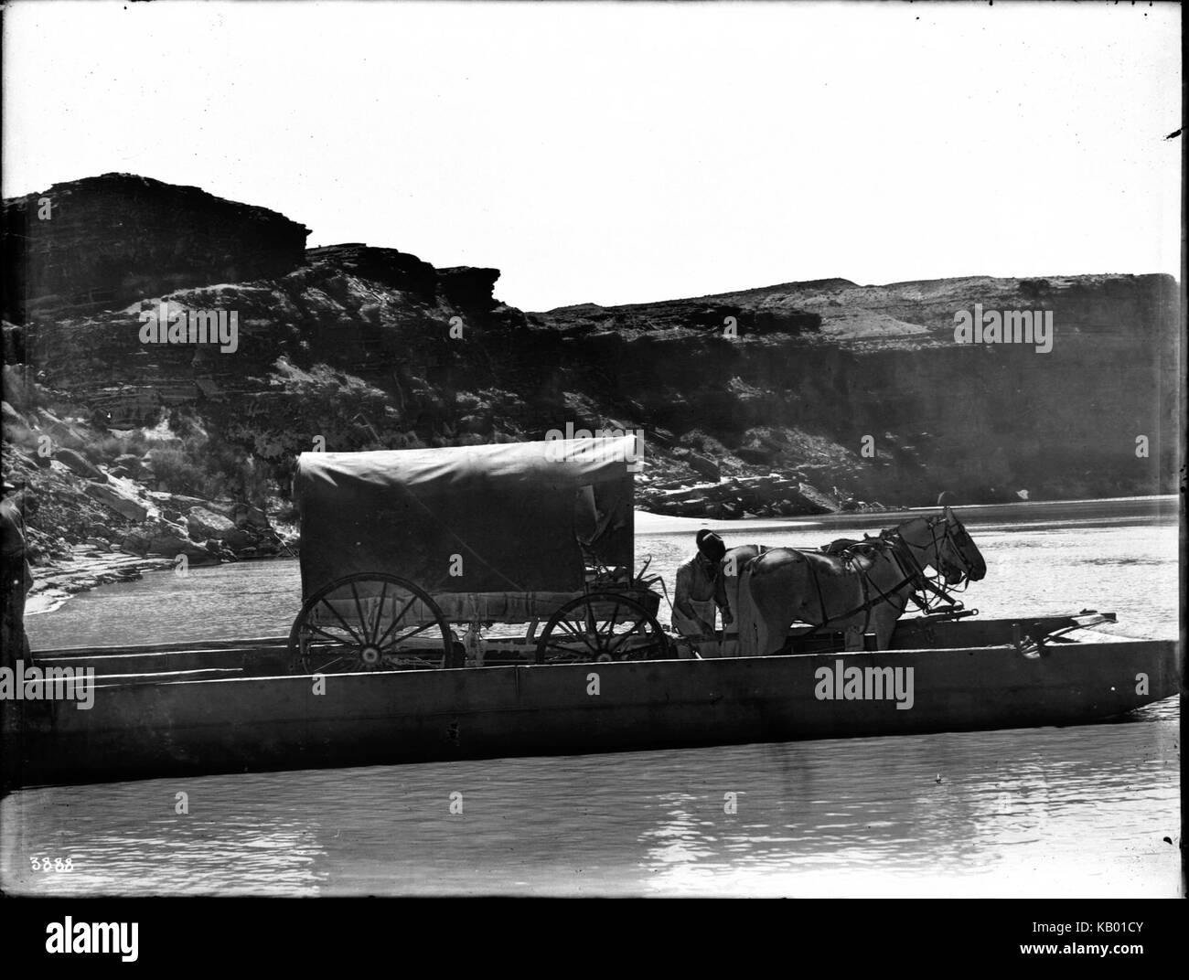 Wagon on a ferry crossing the upper Colorado River at Lee's Ferry ...