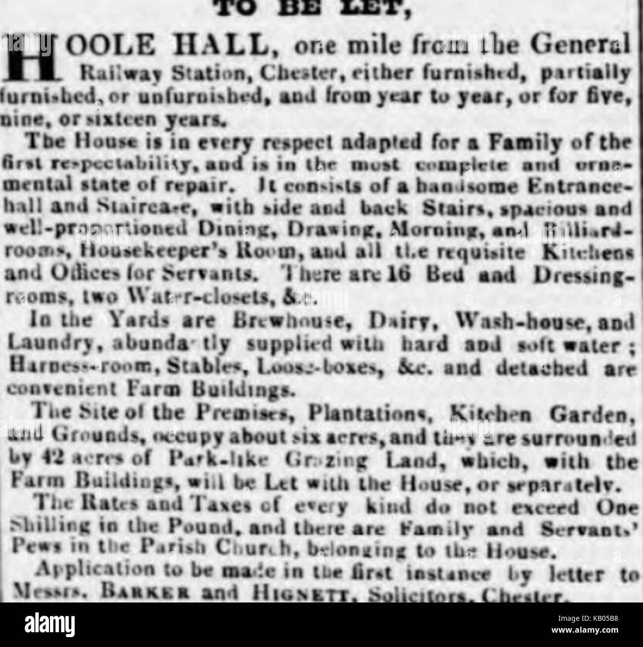 To let notice of Hoole Hall in 1852 Stock Photo - Alamy