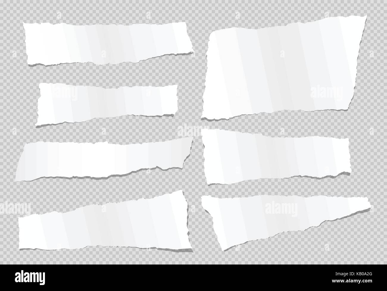 Ripped white note, notebook, copybook paper strips on gray squared ...